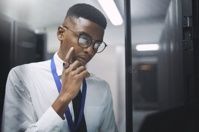 Black Man, Technician and Server Room with Software or Hardware for ...