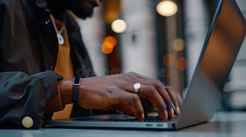 A Black Man is Typing on a Laptop Computer, Possibly Working within the ...