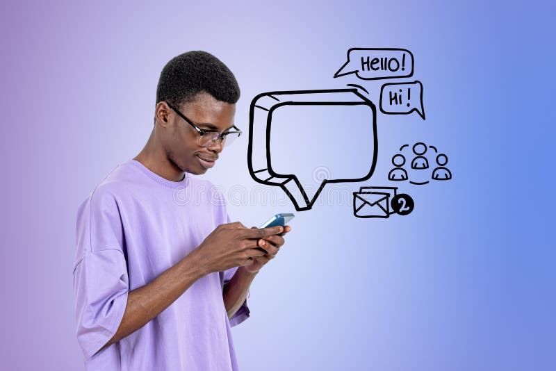 Black Man Using Smartphone, Empty Text Bubble and Communication Doodle ...