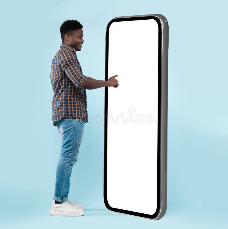 Black Man Using White Empty Smartphone Screen Panel Stock Photo - Image ...