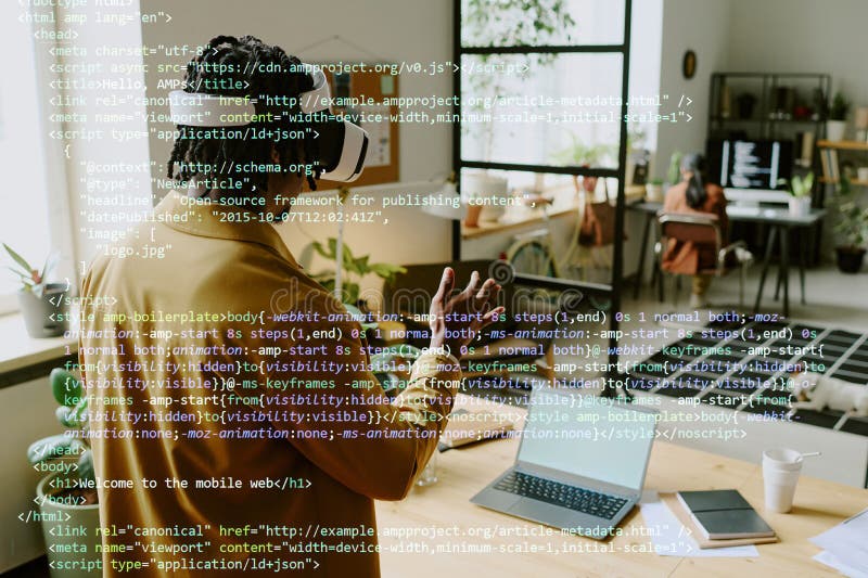 Black Man in VR Headset Coding in Modern Office Stock Photo - Image of ...