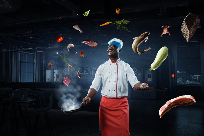 Black Man Wearing an Apron and Cooking in Action. Mixed Media Stock ...