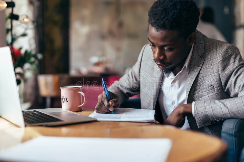 Black Man Working with Documents, Writing on Paper Stock Image - Image ...