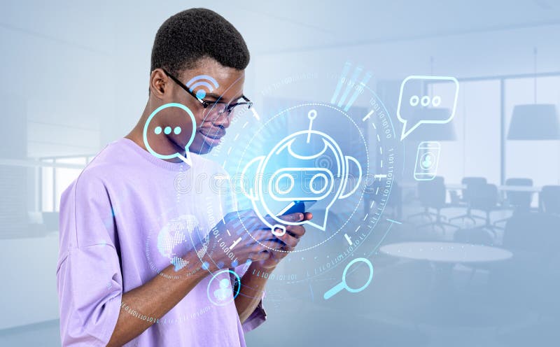 African Man Using Smartphone, Chat Bot Hologram and Office Room Stock ...