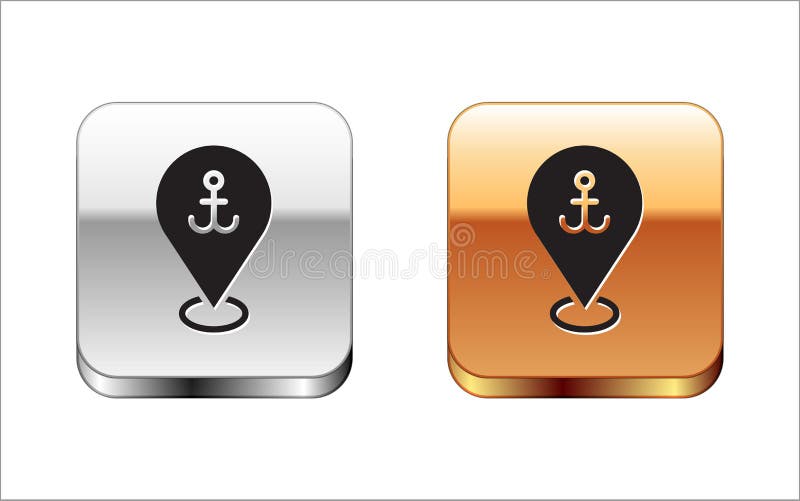 Black Map Pointer with Anchor Icon Isolated on White Background. Silver ...
