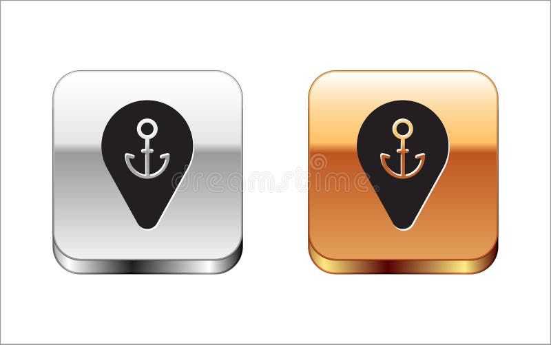 Black Map Pointer with Anchor Icon Isolated on White Background. Silver ...