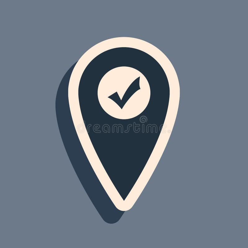 Black Map Pointer with Check Mark Icon Isolated on Grey Background ...