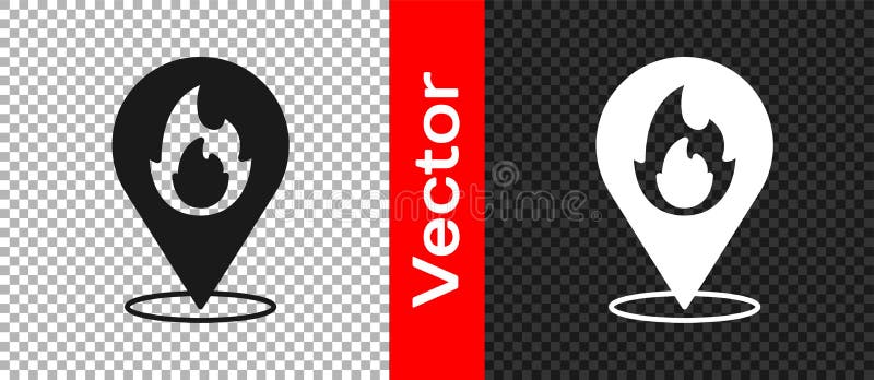 Black Map Pointer with Fire Flame Icon Isolated on Transparent Background. Fire Nearby Stock ...