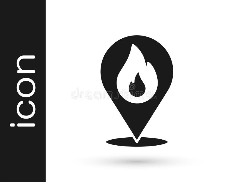 Black Map Pointer with Fire Flame Icon Isolated on White Background ...