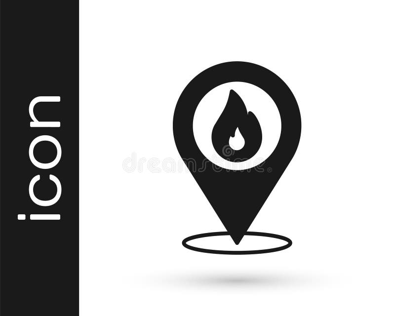 Black Map Pointer with Fire Flame Icon Isolated on White Background ...