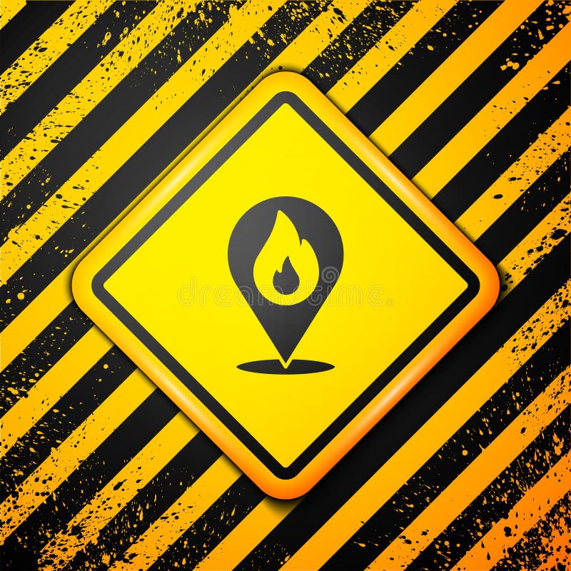 Black Map Pointer with Fire Flame Icon Isolated on Yellow Background ...