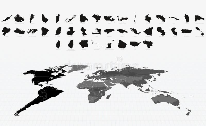 Black Maps of American Nations on a Highlighted Global Map. Big Maps ...