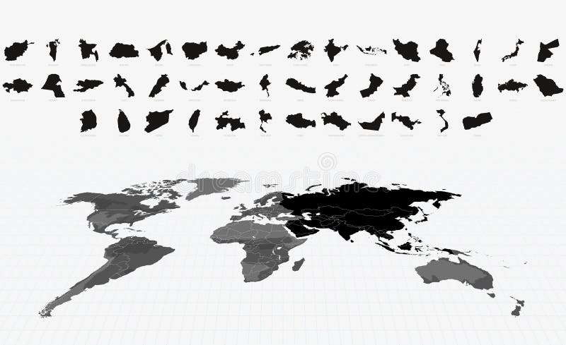 Black Maps of Asian Nations on a Highlighted Global Map. Big Maps ...