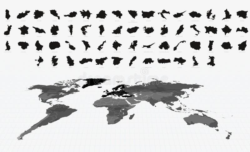 Black Maps of European Nations on a Highlighted Global Map. Big Maps ...