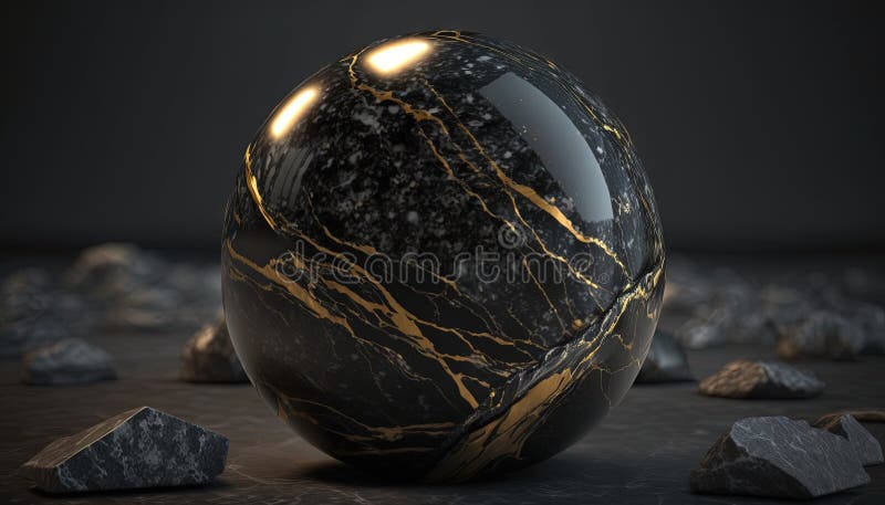 A Black Marble Ball with a Gold Stripe on it and Some Rocks Around it ...