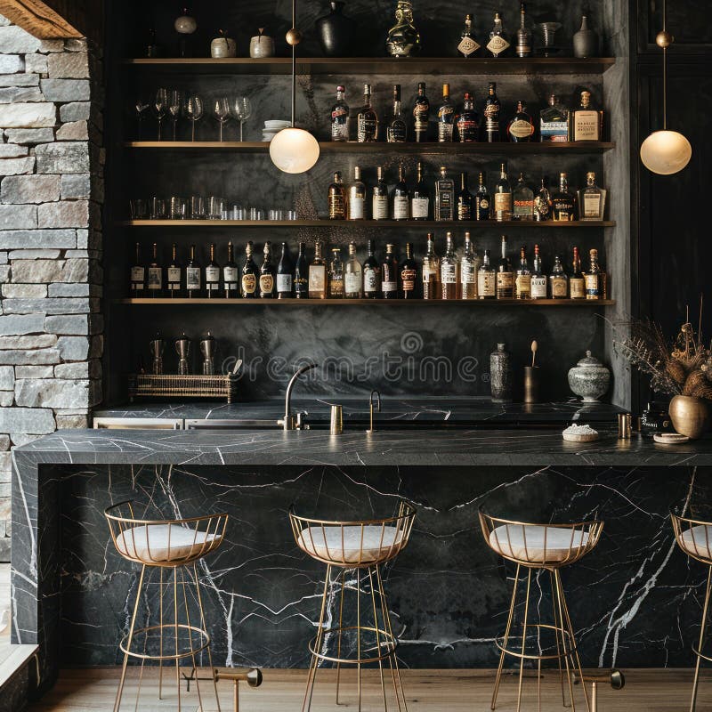 Black Marble Bar Counter with Gold Stools - Interior Design Photo Stock ...