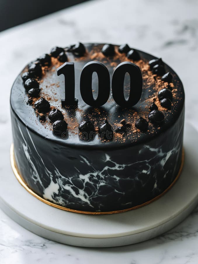 Black Marble Cake with 100 Topper on a White Plate. Stock Photo - Image ...