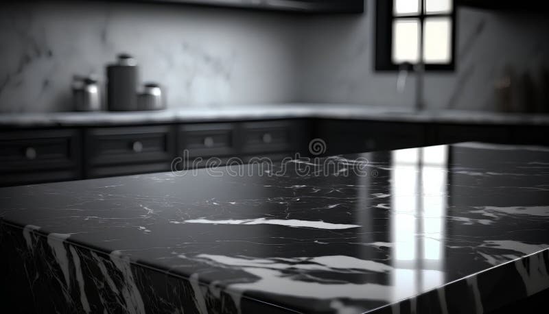 Black Marble Countertop in Modern Kitchen Interior. 3d Render Stock ...