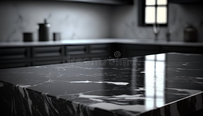 Black Marble Countertop in Modern Kitchen Interior. 3d Render Stock ...