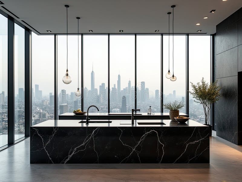 Black Marble Kitchen with Panoramic Windows, Ai Stock Illustration ...