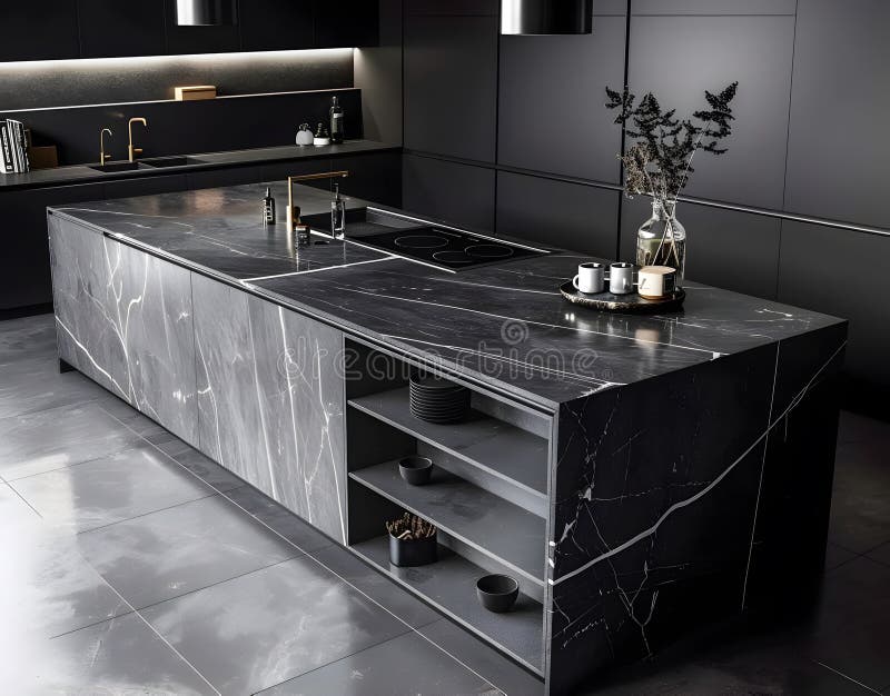 Black Marble, Modern Kitchen Design Stock Image - Image of sink, dark ...