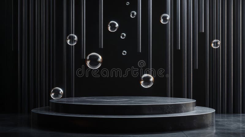 Black Marble Platform with Suspended Glass Spheres Stock Illustration ...
