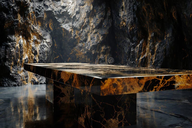 Black Marble Table in Dark Cave Interior Stock Illustration ...