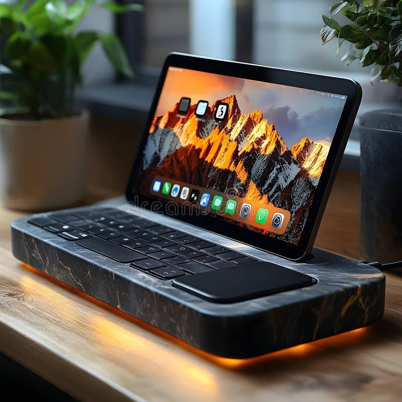 Black Marble Tablet Stand with Keyboard and Trackpad - Realistic Image ...