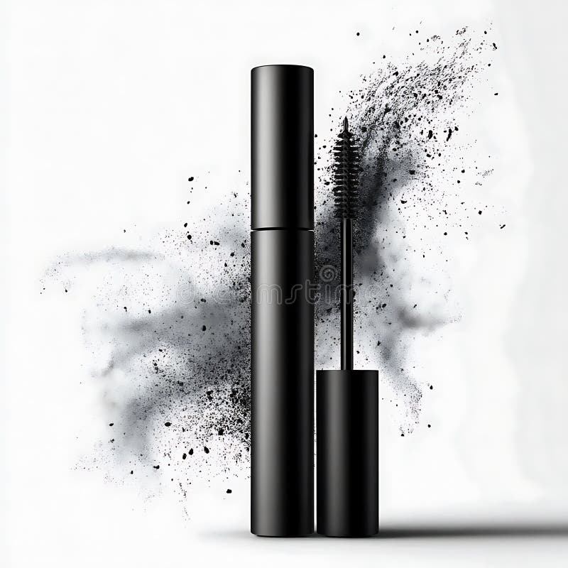 Black Mascara and Applicator with Powder Explosion a Dramatic Close Up ...
