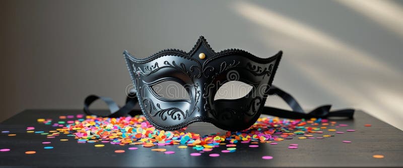 Black Masquerade Mask on a Table with Confetti Stock Image - Image of ...