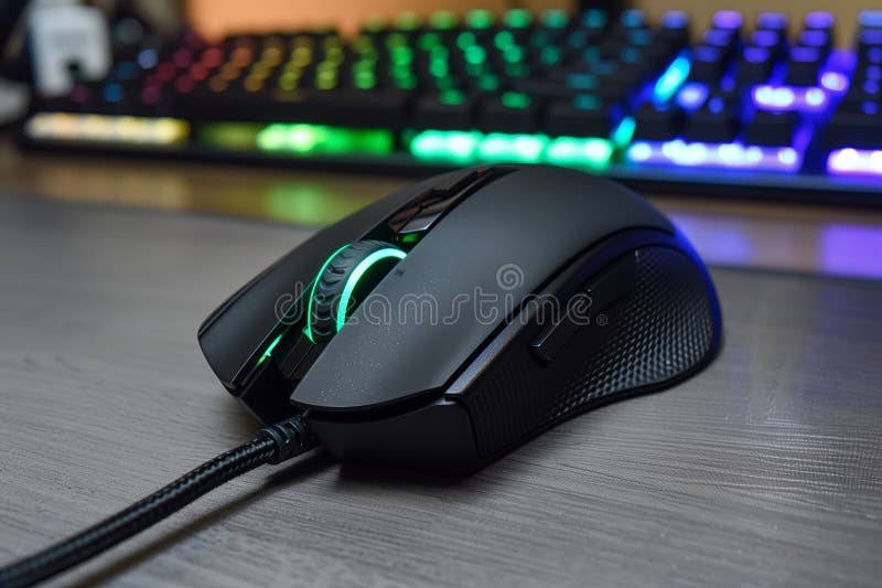 Black Matte Gaming Mouse with Green and Blue LED Lights on a Grey Desk ...