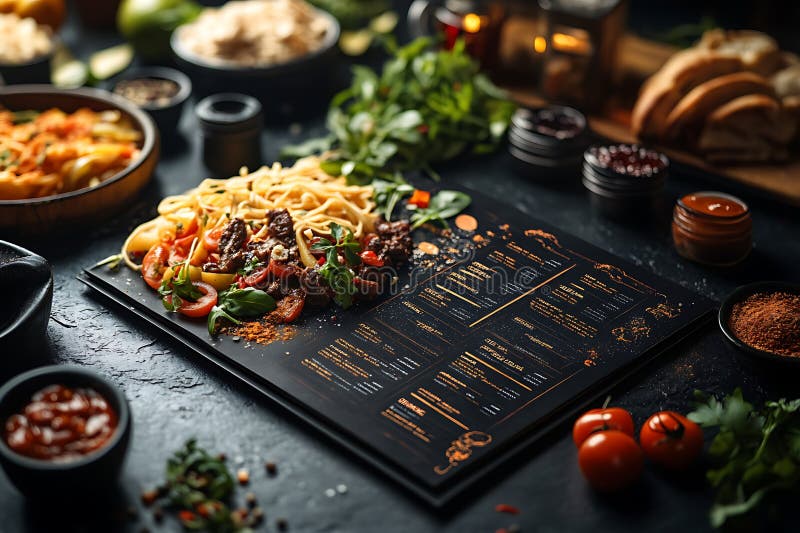 Black Menu Card Mockup with Various Dishes and Spices on the Table ...