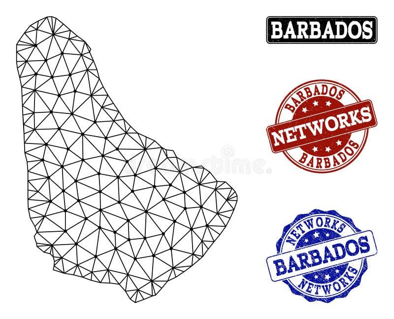 Polygonal Network Mesh Vector Map of Barbados and Network Grunge Stamps ...