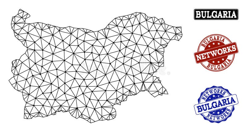 Polygonal Network Mesh Vector Map of Bulgaria and Network Grunge Stamps ...