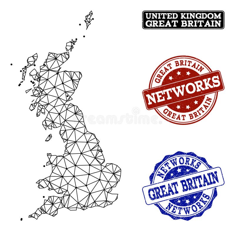 Polygonal Network Mesh Vector Map of Great Britain and Network Grunge ...