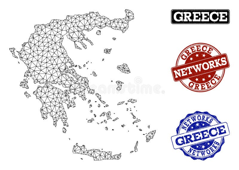 Polygonal Network Mesh Vector Map of Greece and Network Grunge Stamps ...