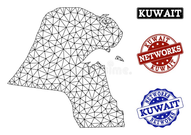 Polygonal Network Mesh Vector Map of Kuwait and Network Grunge Stamps ...