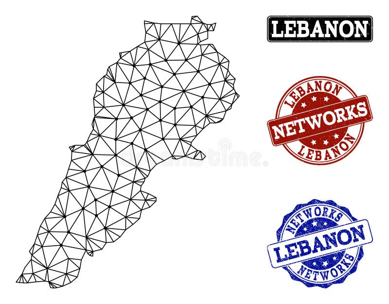 Polygonal Network Mesh Vector Map of Lebanon and Network Grunge Stamps ...