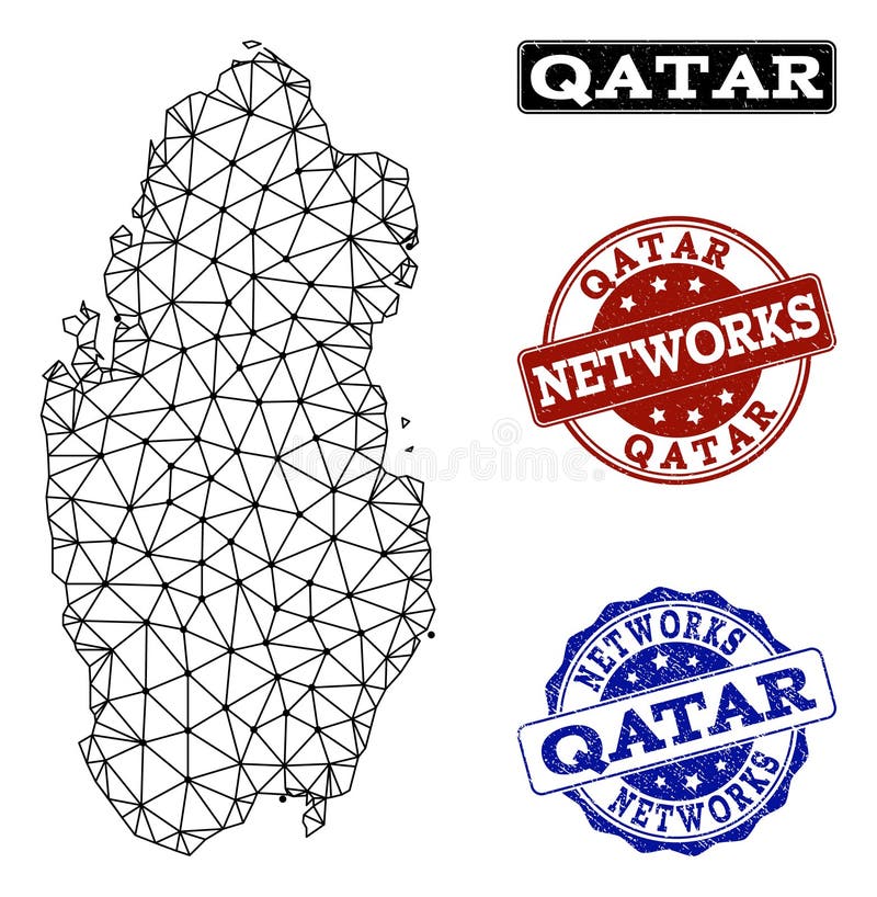 Polygonal Network Mesh Vector Map of Qatar and Network Grunge Stamps ...