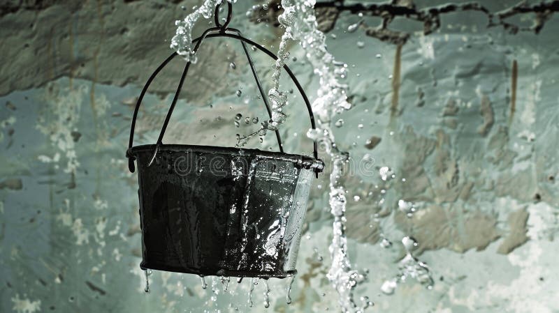 Black Metal Bucket with Water Leaking, Rustic Appearance, Handle on ...