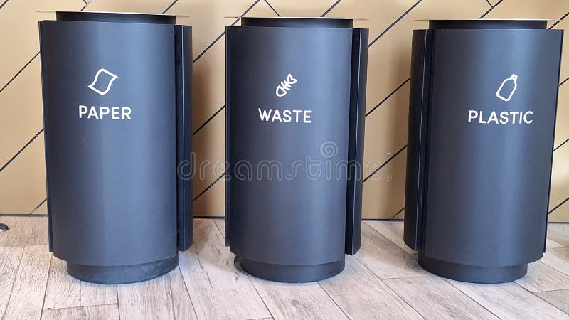 3 Black Metal Dustbin in a Row Stock Image - Image of interior, design ...