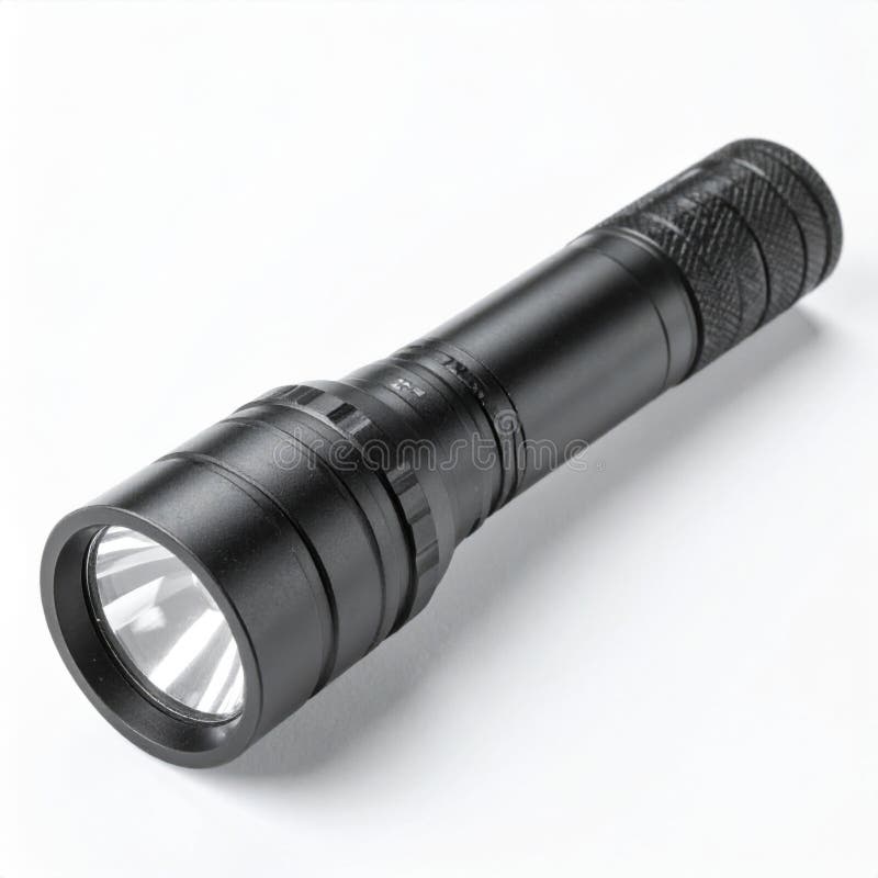 Black Metal Flashlight Casting Bright Light on a Clean White Surface ...
