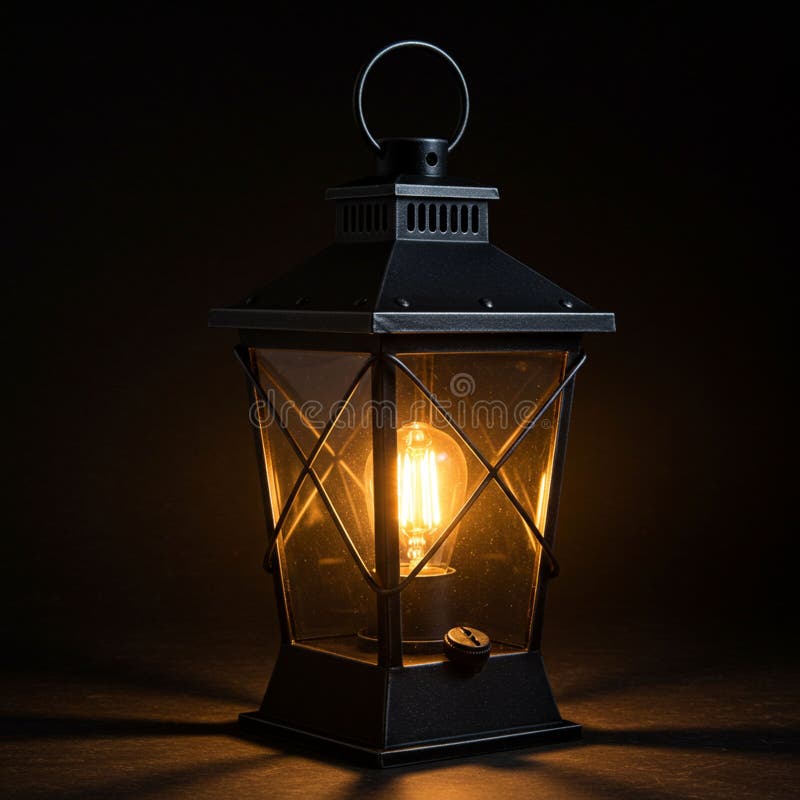 A Black Metal Lantern with a Vintage Design Features an Incandescent ...