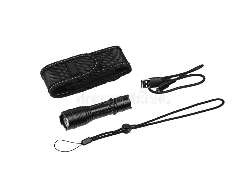 Black Metal LED Flashlight Isolate on a White Back. Pocket Lamp for ...