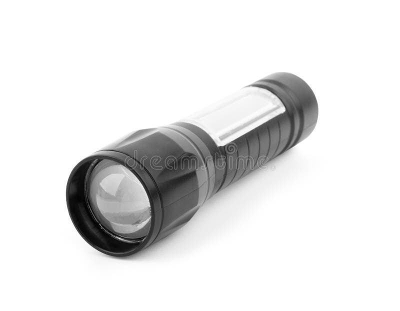 Black Metallic Flashlight Close-up Isolated on a White Background Stock ...