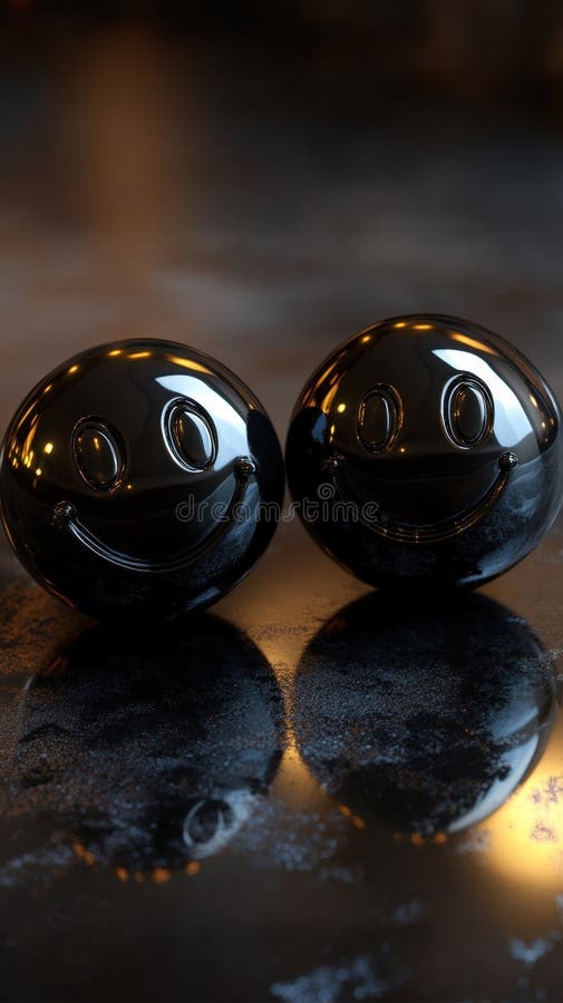 Black Metallic Smiley Face Balls on Reflective Surface Stock Image ...
