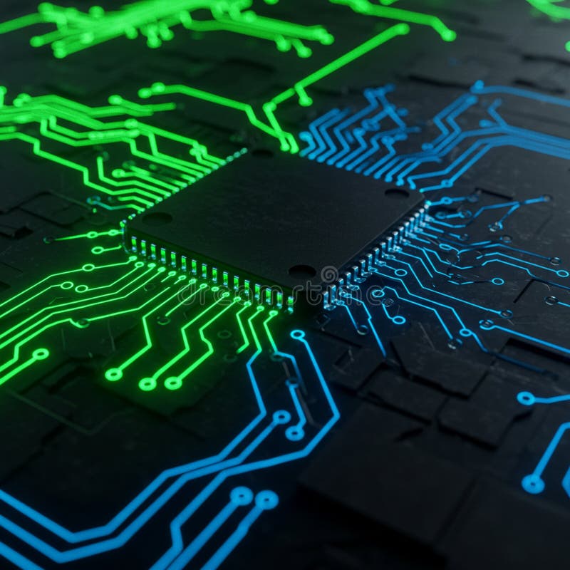 A Black Microchip is Centered on a Dark Circuit Board, Highlighted by ...