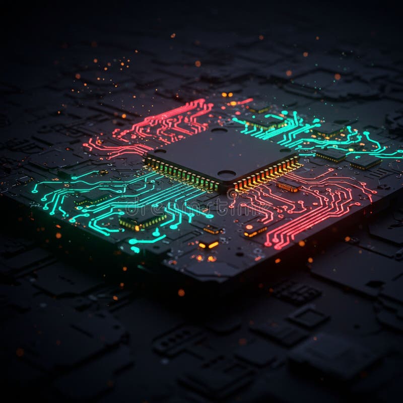 A Black Microchip Positioned Centrally on a Dark Circuit Board. Teal ...