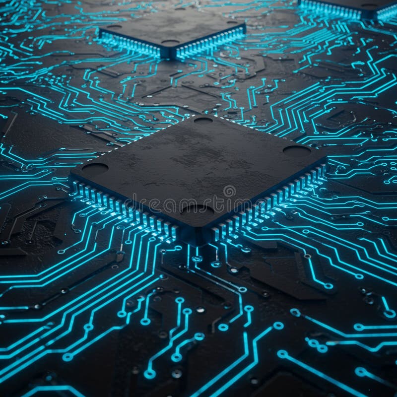 Black Microchips on a Circuit Board with Glowing Blue Pathways. the ...
