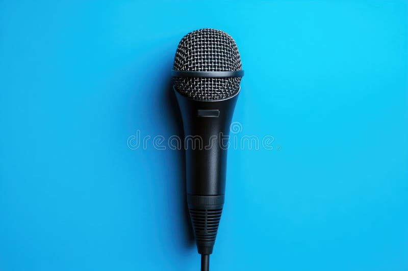 Black Microphone on Blue Background Stock Photo - Image of concert ...